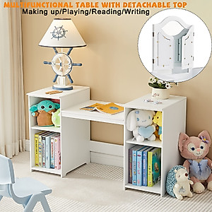 Kovhzcu 2 in 1 Princess Makeup Vanity Storage Cabinet with Detachable Top, Girls Vanity Set with Tri-fold Mirror, Age 3-9 (White)