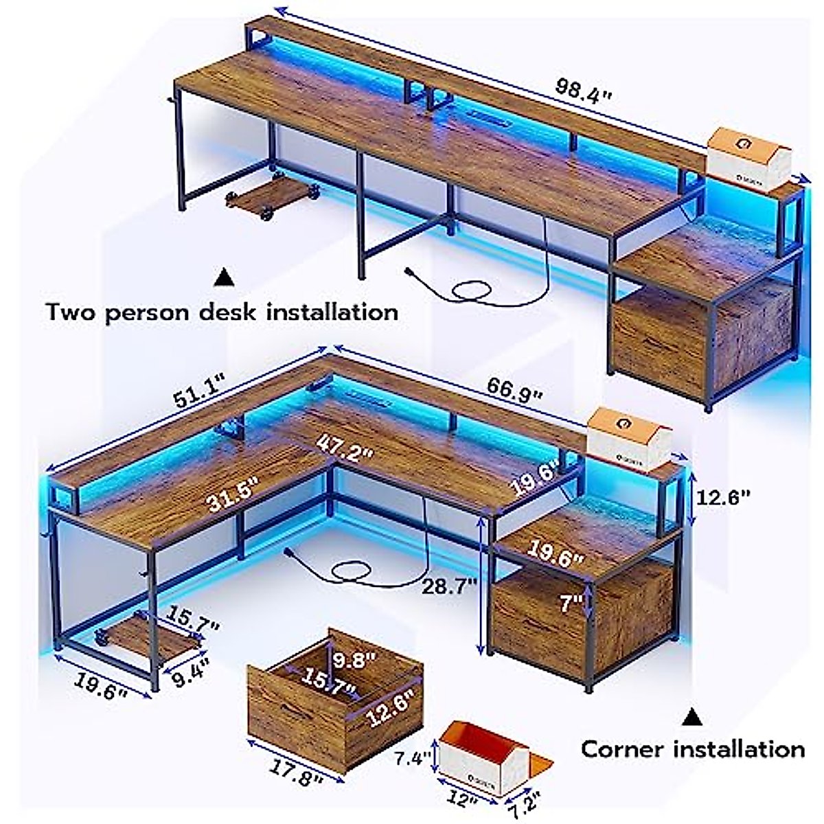 SEDETA L Shaped Desk, 66" with File Drawer & Power Outlet, Home Office Gaming Desk with Led Lights, Corner Computer Desk with Monitor Shelf, Printer Storage Shelves, Two Person Desk, Rustic Brown