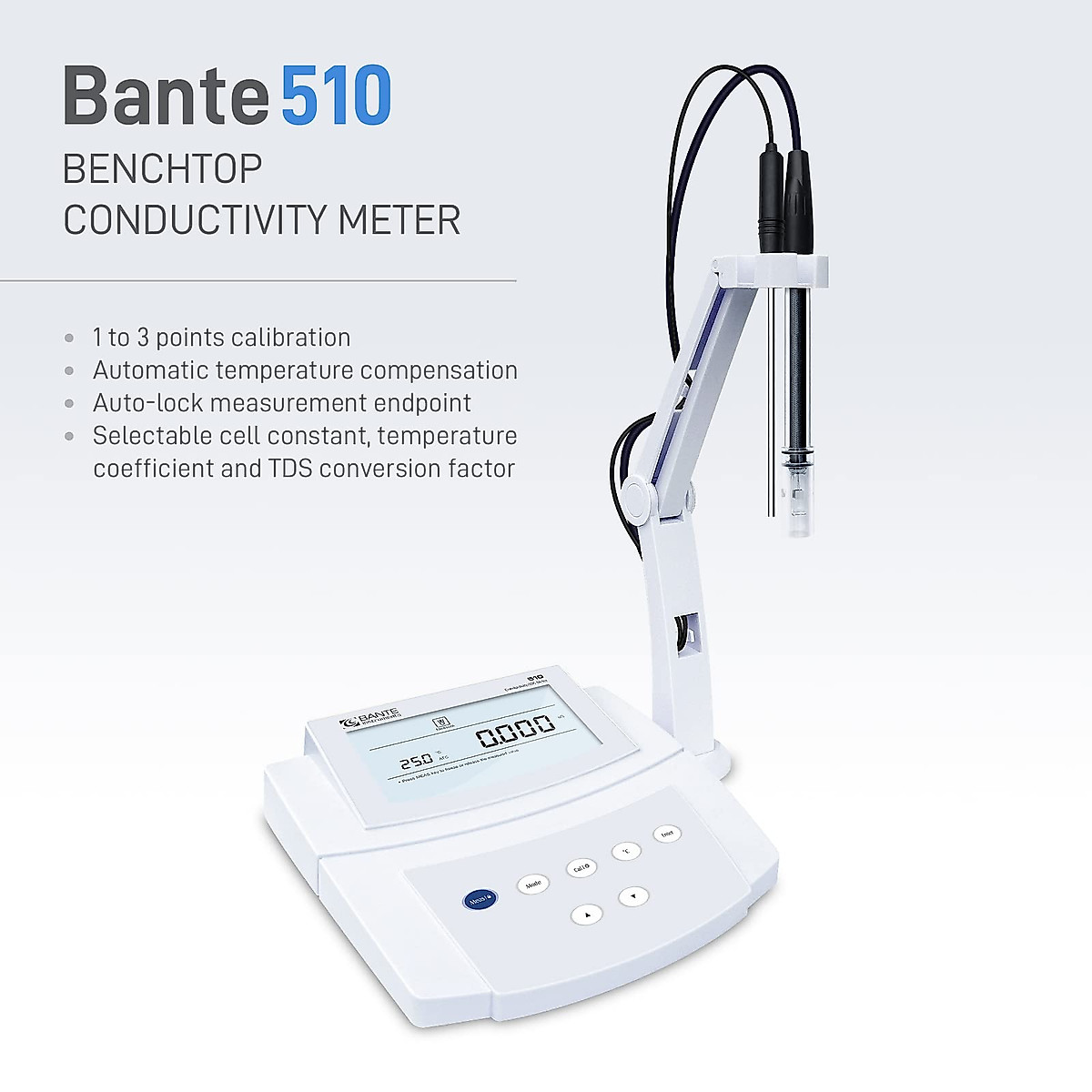 Bante 510 Benchtop Conductivity Meter | Lab Conductivity TDS Meter | Equipped with 2 Platinum Electrodes | Measurement Range 0 to 200 mS/cm | Accuracy ±1% F.S.