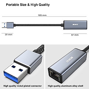 BENFEI Ethernet Adapter 2 Pack, USB 3.0 to RJ45 1000Mbps Gigabit LAN Adapter Compatible for MacBook, Surface Pro, PC with Windows11/10/8/7, XP, Vista, Mac[Aluminium Shell&Nylon Cable]