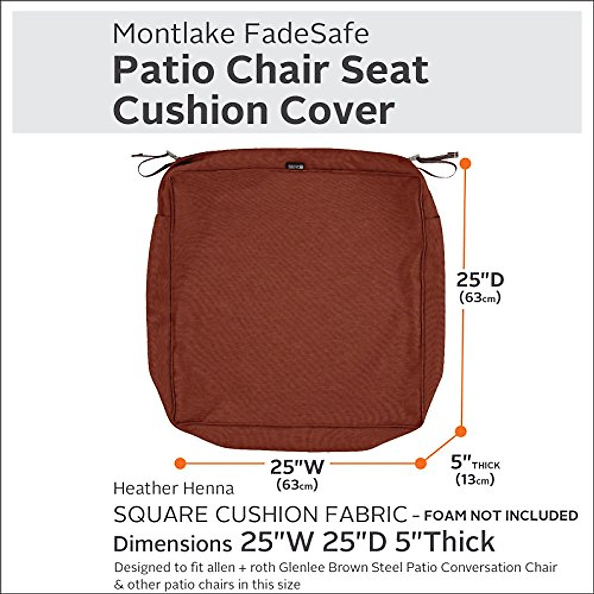 Classic Accessories Montlake FadeSafe Water-Resistant 25 x 25 x 5 Inch Square Outdoor Seat Cushion Slip Cover, Patio Furniture Chair Cushion Cover, Heather Henna Red, Patio Furniture Cushion Covers