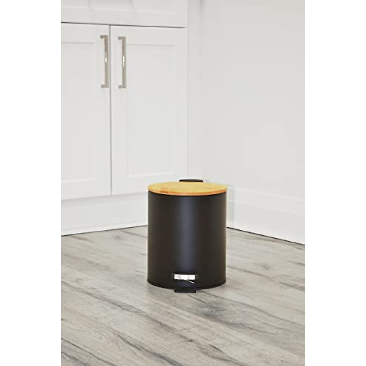 AQ Round Metal 5 Liter/1.3 Gallon Step Trash Can with Removable Liner & Soft Close Lid, Small Garbage Pedal Waste Bin for Bathroom, Bedroom or Office - Matte Black & Bamboo
