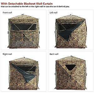 BASSDASH Hunting Blind 270 Degree One-Way See Through 2 Person Portable Pop Up Ground Hunting Tent with Detachable Blackout Wall Curtain, Frame Door, Carrying Backpack for Deer Turkey Hunting