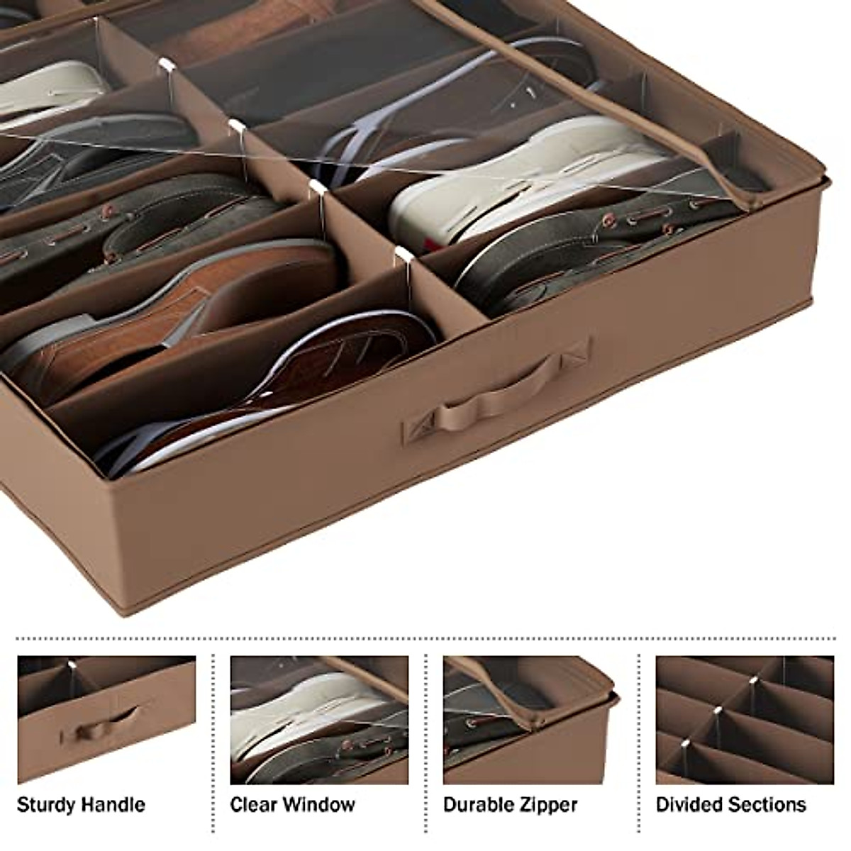 Under Bed Storage Shoe Organizer Bag with Clear Plastic Zippered Cover, Stores 12 Pairs of Shoes by Everyday Home (Brown)