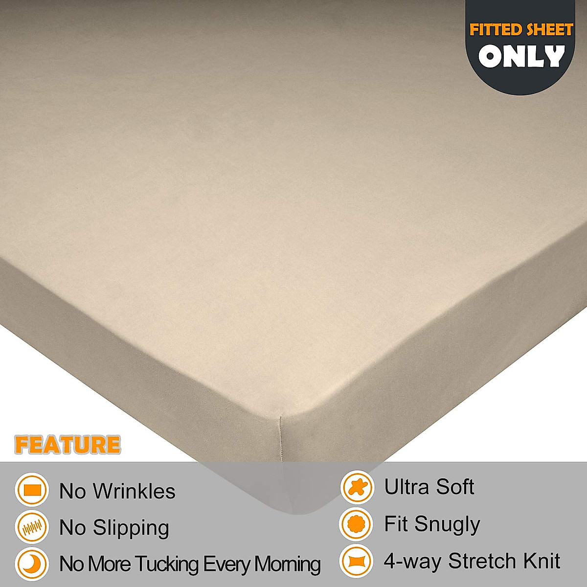 Twin Size Fitted Sheet Only - 4-Way Stretch Knit, Snug Fit, Wrinkle Free & Stay in Place, No More Slipping Off for Mattress, Soft & Comfortable - Taupe, Twin