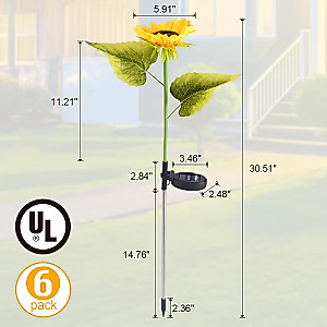 Elyccupa Solar Sunflower Lights LED Solar Powered Garden Stake Lights Outdoor Solar Flower Landscape Light for Patio Lawn Garden Yard Pathway Walkway Decoration, 6 Pack