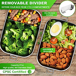 MOZAOUSA 750ml-Medium Stainless Steel Lunch Box | 27oz | with Removable Divider, 100% Leak-Proof Metal Bento Box, Steel Snack Containers with Lids, Meal Storage Solution for Travel & Work