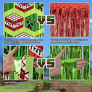 Bupelo Pixel Game Themed Party Supplies,4 Pack Creeper & TNT Tinsel Foil Fringe Curtains,Miner Themed Photo Booth Prop Backdrop Streamer,Miner Crafting Birthday Party Decorations,Room Decor for Kids