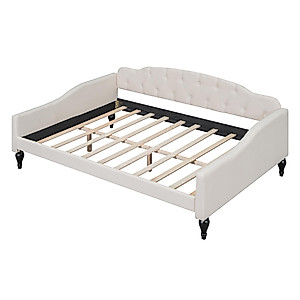 Acosure Full Size Upholstered Daybed,Linen Sofa Bed with Button Tufted Back & Nailhead Decorated Waved Shape Arms,Slat Support,No Spring Box Need,Bedframe for Bedroom Livingroom Small Space,Beige