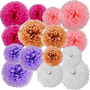 JRing 15Pcs Tissue Paper Pom Poms, Pink Rose Bean Pink, Colorful Paper Flower Wall Decorations for Birthday Parties Bridal Showers Weddings 10" to 14"(White, Blush Pink, Rose, Purple, Pink)