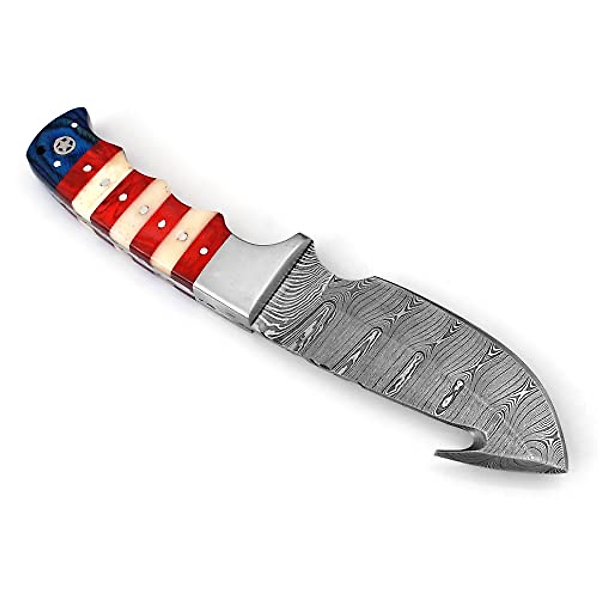 zZZ Damascus Gut Hook Skinning hunting Knife With Leather Sheath- Best Damascus Steel American Flag Hunting Knife