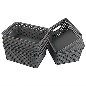 Sandmovie Grey Plastic Rattan Storage Baskets, 6 Packs