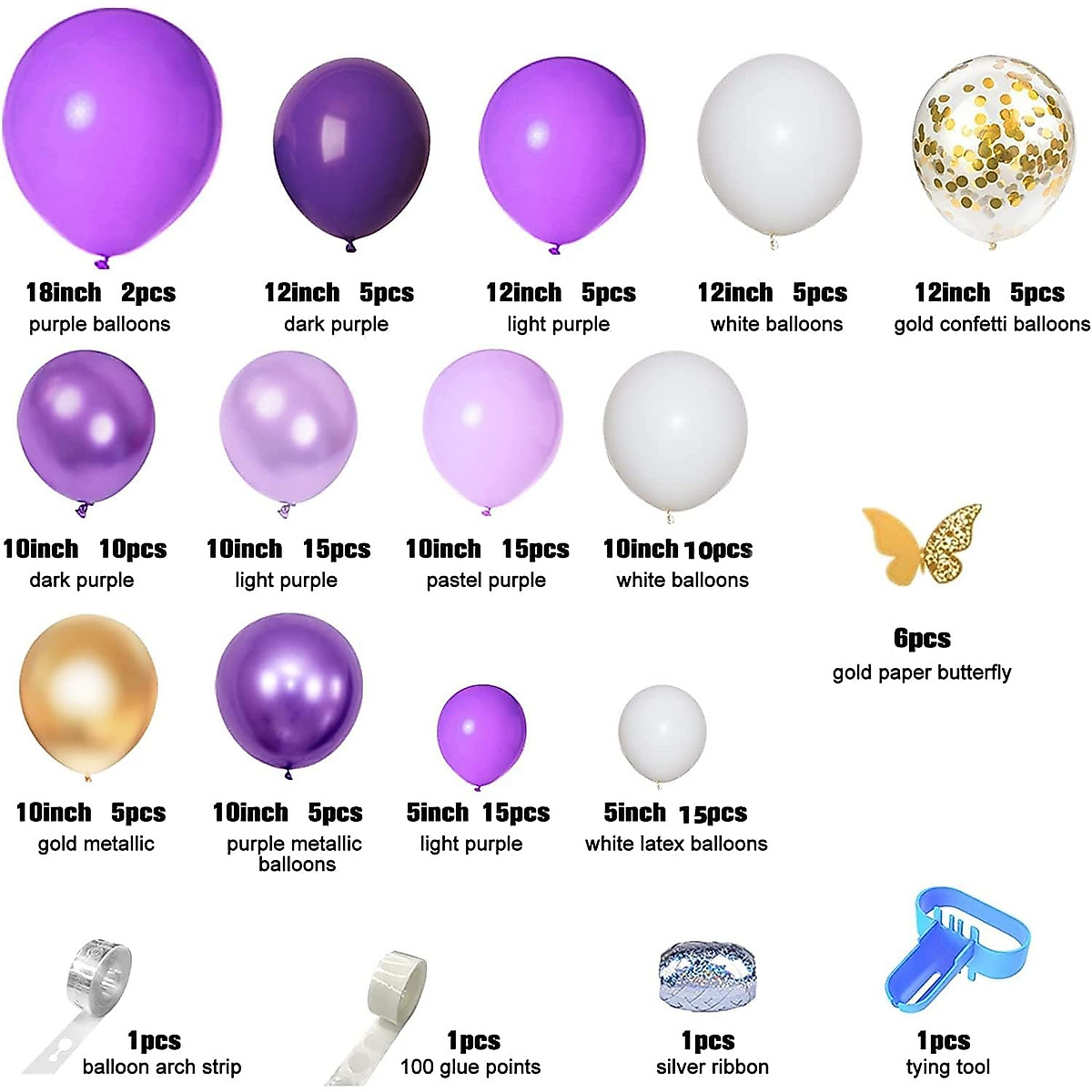 Ouddy Party Purple Balloons Garland Arch Kit,152Pcs Light Pastel Purple Gold Balloon Confetti Metallic Balloons for Baby Shower Wedding Mothers Day Purple Butterfly Birthday Party Decorations Supplies