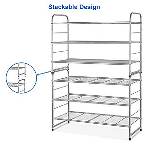 Bextsrack 3-Tier Shoe Rack, Stackable & Adjustable Wire Grid Shoe Shelf Storage Organizer for Closet Bedroom Entryway - Silver