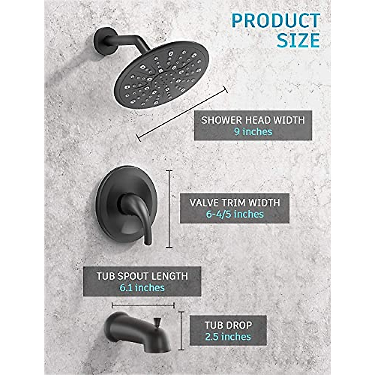 EMBATHER Shower System with Valve, 9-Inch Tub and Shower Faucet Set (Rough-in Valve Included) with 9'' Large Rain Shower Head and Tub Spout, Single-Handle Tub and Shower Trim Kit, Matte Black