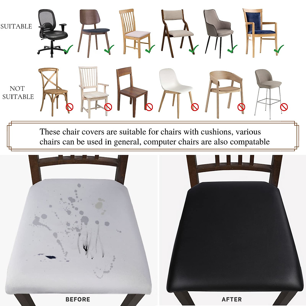 SearchI Waterproof PU Leather Seat Covers for Dining Chairs, 6 Pack Stretch Dining Room Chair Seat Covers, Kitchen Chair Seat Covers Protectors (Black)