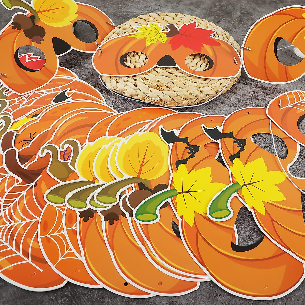 chiazllta Fall Punmkin Masks Party Favors Thanksgiving Autumn Pumpkin Paper Masks for Kids Party Photo Booth Props Kit with Elastic Strings