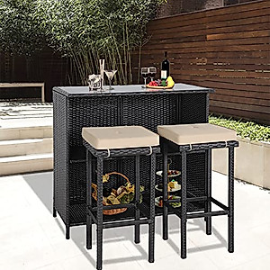 Incbruce 3-Piece Patio Bar Set - Two Stools with Beige Cushions and One Table with a Glass Top, All-Weather Outdoor Brown Wicker Furniture Set for Porches, Gardens or Poolside