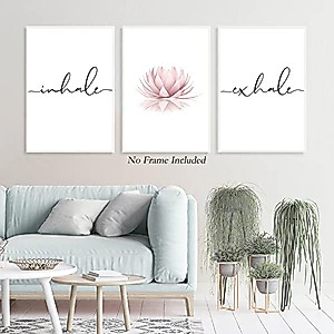 Inhale Exhale Wall Art Decor - Inhale Exhale Canvas Wall Art Zen Pictures Wall Art Yoga Pink Lotus Wall Art Meditation Poster Artwork for Living Room Bedroom 16x24 Inch (set of 3) Unframed