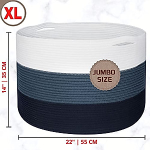 MINTWOOD Design Extra Large 22 x 14 Inches Blanket Storage Basket, Laundry Basket, Decorative Woven Cotton Rope Baskets for Blanket Storage Living Room, Toy Storage Basket Bin, 3-Tone Blue