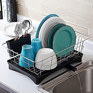 ANTOWIN Dish Drying Rack, Dish Drainer with Drip Tray, Anti-Rust Frame, Swivel Spout Large Storage Draining Board Design, Removable Cutlery Holder for Kitchen - Black with Dishwashing Brush