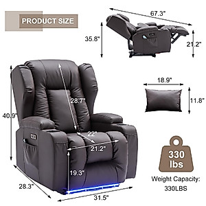 BINGTOO Electric Power Recliner Chair with Massage and Heat Recliner Chairs for Adults Living Room, Wingback Recliners Ergonomic Lounge Sofa Home Theater Seating with LED Light, Cup Holders, USB