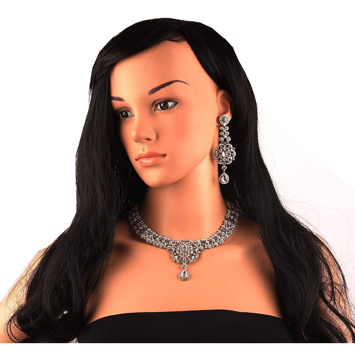 Touchstone Indian Bollywood enchanting floral diamond studded look white Rhinestone embellished bridal designer jewelry necklace set for women in white tone