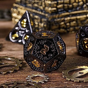 CRITALLIC Metal Dice Set Mechanical Gear Design DND Dice for Dungeons and Dragons, 7PCS Polyhedral D&D Dice with Leather Pouch for Role Playing Games MTG Table Games(Black Golden)