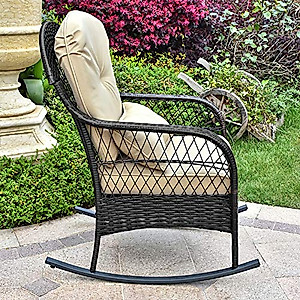 BAIJIAWEI B Outdoor Wicker Rocking Chair - Garden Patio Yard Porch Lawn Balcony Backyard Furniture All- Weather Wicker Rocker Chair with Cushions(1PC,Khaki)
