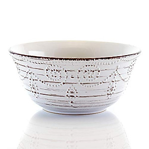 Elama Rustic Birch 16 Piece Embossed Scalloped Stoneware Round Dinnerware Set in White with Brown Accents