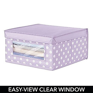 mDesign Medium Soft Stackable Fabric Baby Nursery Storage Organizer Holder Bin Box with Front Window and Lid for Child/Kids Bedroom, Playroom, Classroom - 4 Pack, Light Wisteria Purple/White Polka Dot