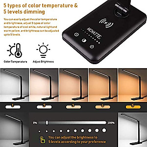 mchatte LED Desk Lamp with Wireless Charger, USB Charging Port, Dimmable Eye-Caring Desk Light with 5 Brightness Levels & 5 Lighting Modes, Touch Control, Auto Timer (Black)