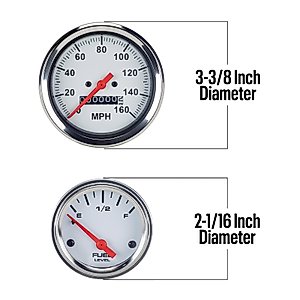 5-Gauge Set Complete Kit: 3-3/8" Mechanical Speedometer, 2-1/16" Component Gauges with White Face, Red Pointer & Chrome Bezel, Includes Tubing, Adapters, Fuel Level Sender