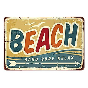 AOYEGO Beach Tin Sign,Wave Bird Fly Ocean Fun Arrow Sand Surf Relax Vintage Metal Tin Signs for Cafes Bars Pubs Shop Wall Decorative Funny Retro Signs for Men Women 8x12 Inch