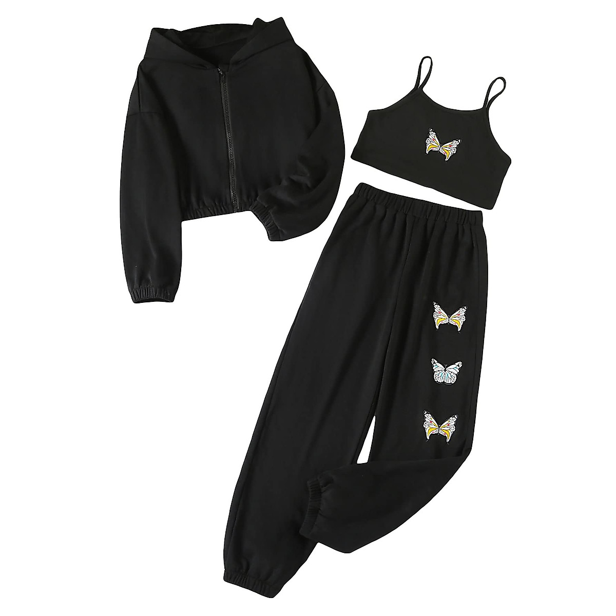 Floerns Girls Graphic Print Clothes Cami Top Sweatpants with Jacket 3 Piece Outfit Black 11-12Y