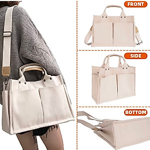 Canvas Tote Bags for Women Handbag Tote Purse with Zipper Canvas Crossbody Bag for Office, Travel, School, White