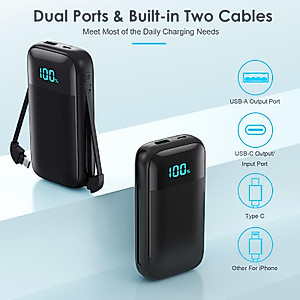Portable Charger with Built in Cables, Ultra-Compact 13800mAh PD Fast Charging USB C Power Bank, 4 Output LCD Display Battery Pack Compatible with iPhone 15/14/13/12/11 Series, Samsung Android Phones
