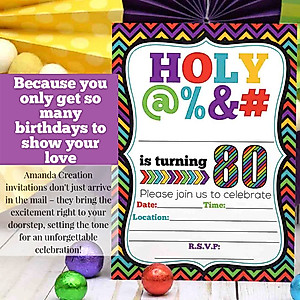 HOLY @% 80th Birthday Party Invitations, 20 Funny 5x7 Fill In Cards with Twenty White Envelopes for Milestone Birthdays by AmandaCreation