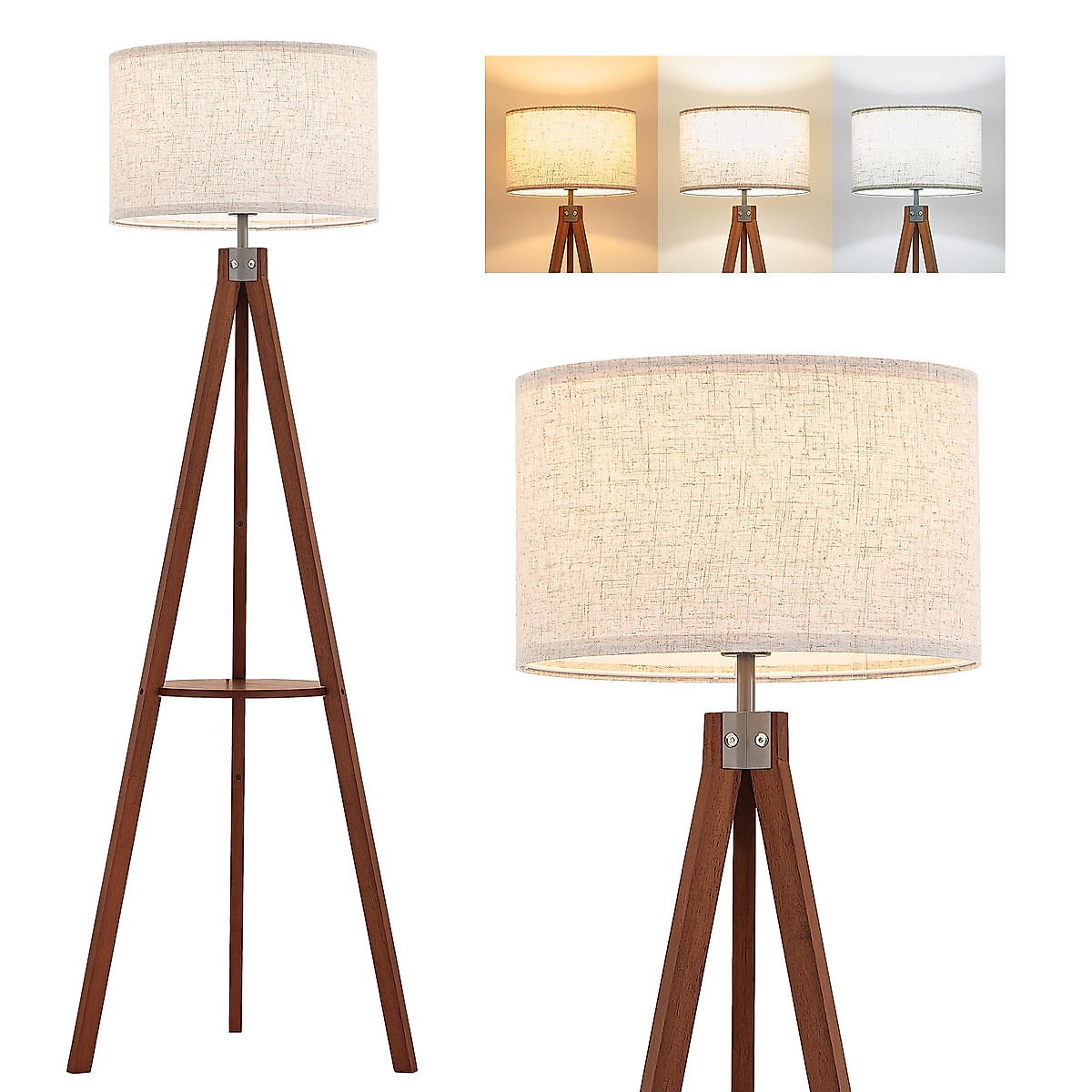 ELYONA Tripod Floor Lamp with Table, Rubber Wood Tall Standing Light, Mid Century Modern Corner Shelf Reading Floor Lamp with Drum Shade for Living Room, Bedroom, Office, LED Bulb Included, Brown