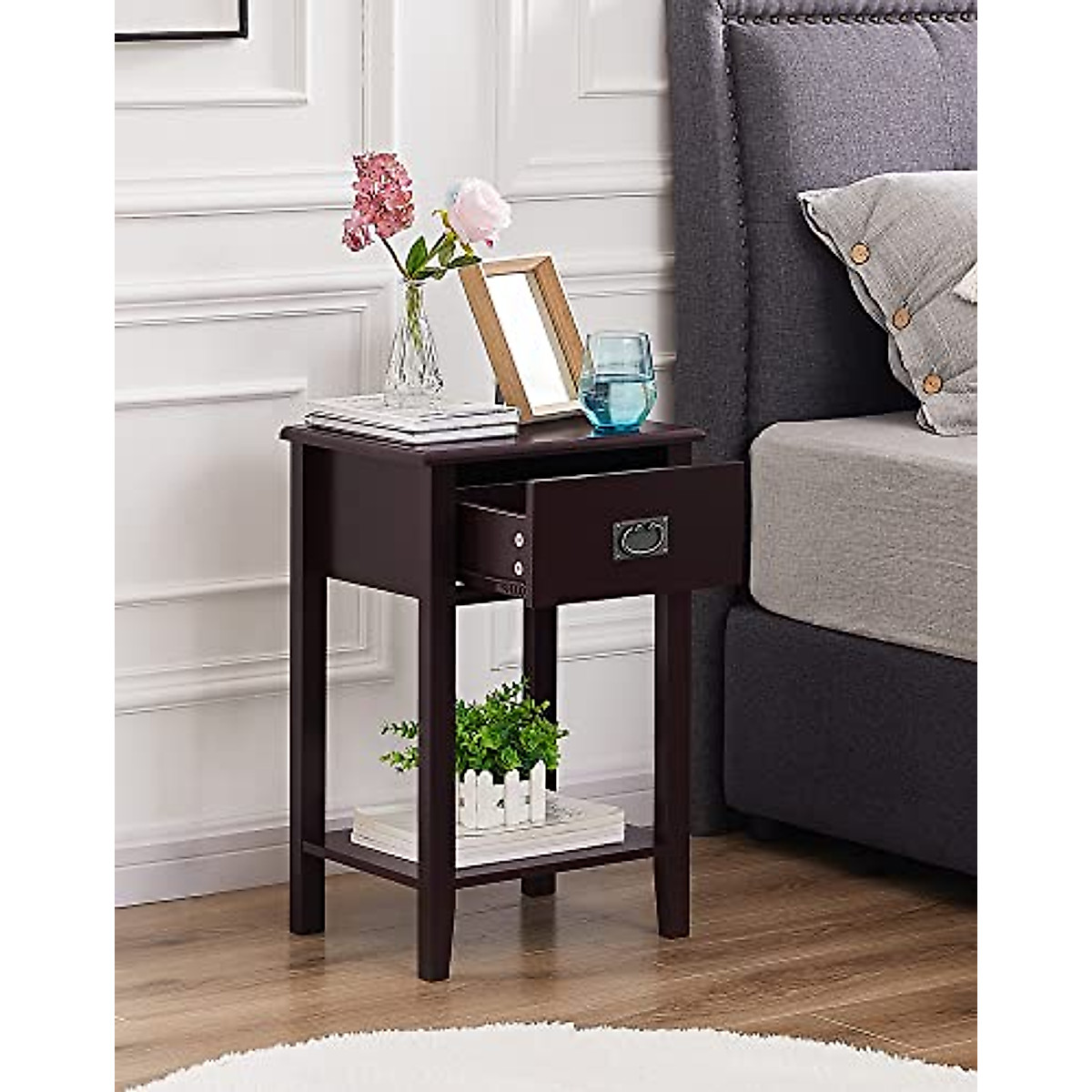VECELO Nightstands Set of 2 End/Side Tables Living Room Bedroom Bedside, Vintage Accent Furniture Small Space, Solid Wood Legs, One Drawer, Black Walnut