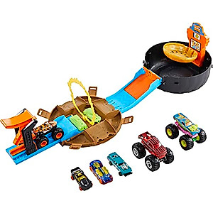 Hot Wheels Monster Trucks Stunt Tire Playset With 3 Toy Monster Trucks & 4 Hot Wheels Toy Cars in 1:64 Scale [Amazon Exclusive]
