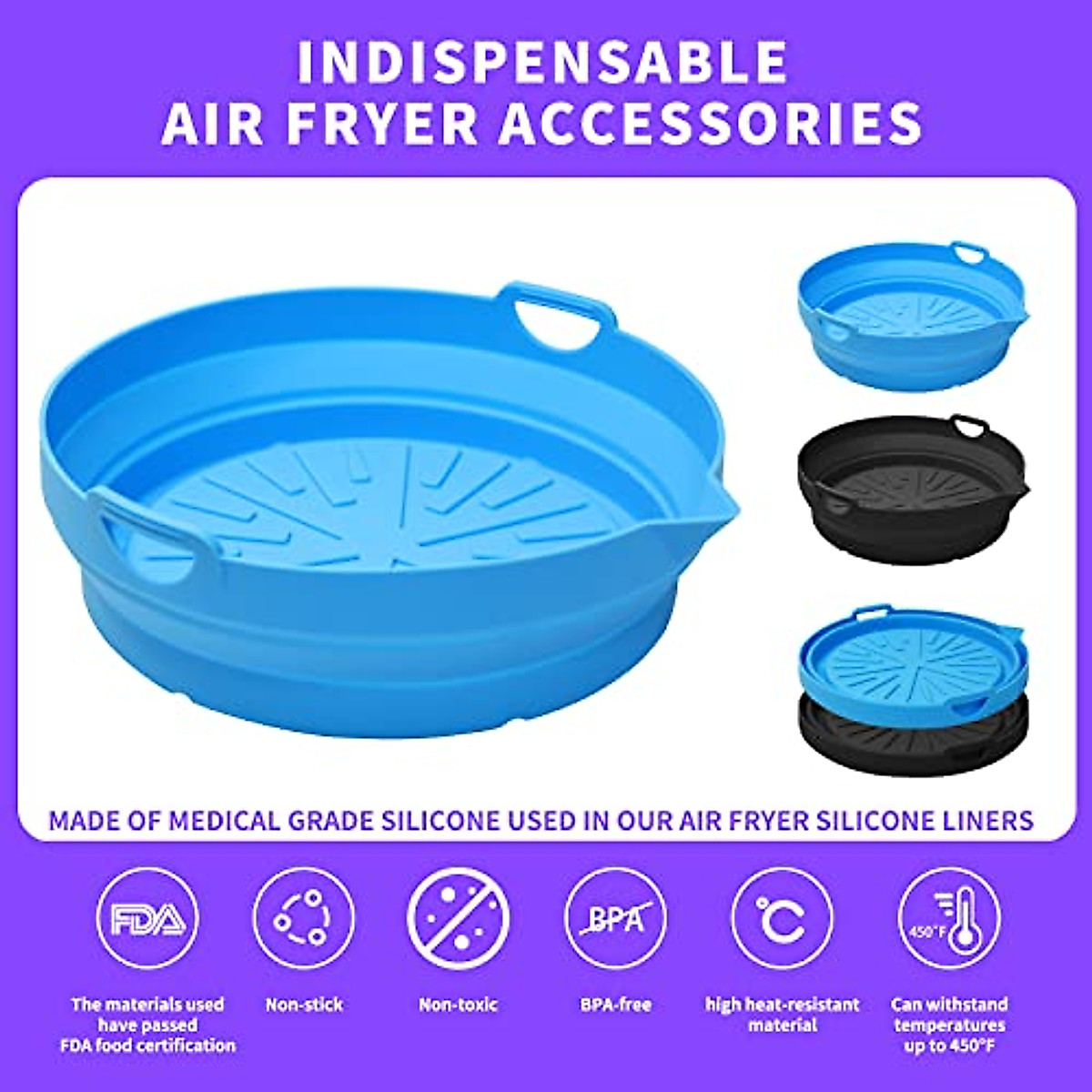 Karjraxrn 2-pack Air Fryer Silicone Liners 8.5 in Folding Air Fryer Silicone Pot, Food Safe Air Fryer Silicone Basket More Space Saving Reusable Air Fryers Oven Accessories (Blue+Black)