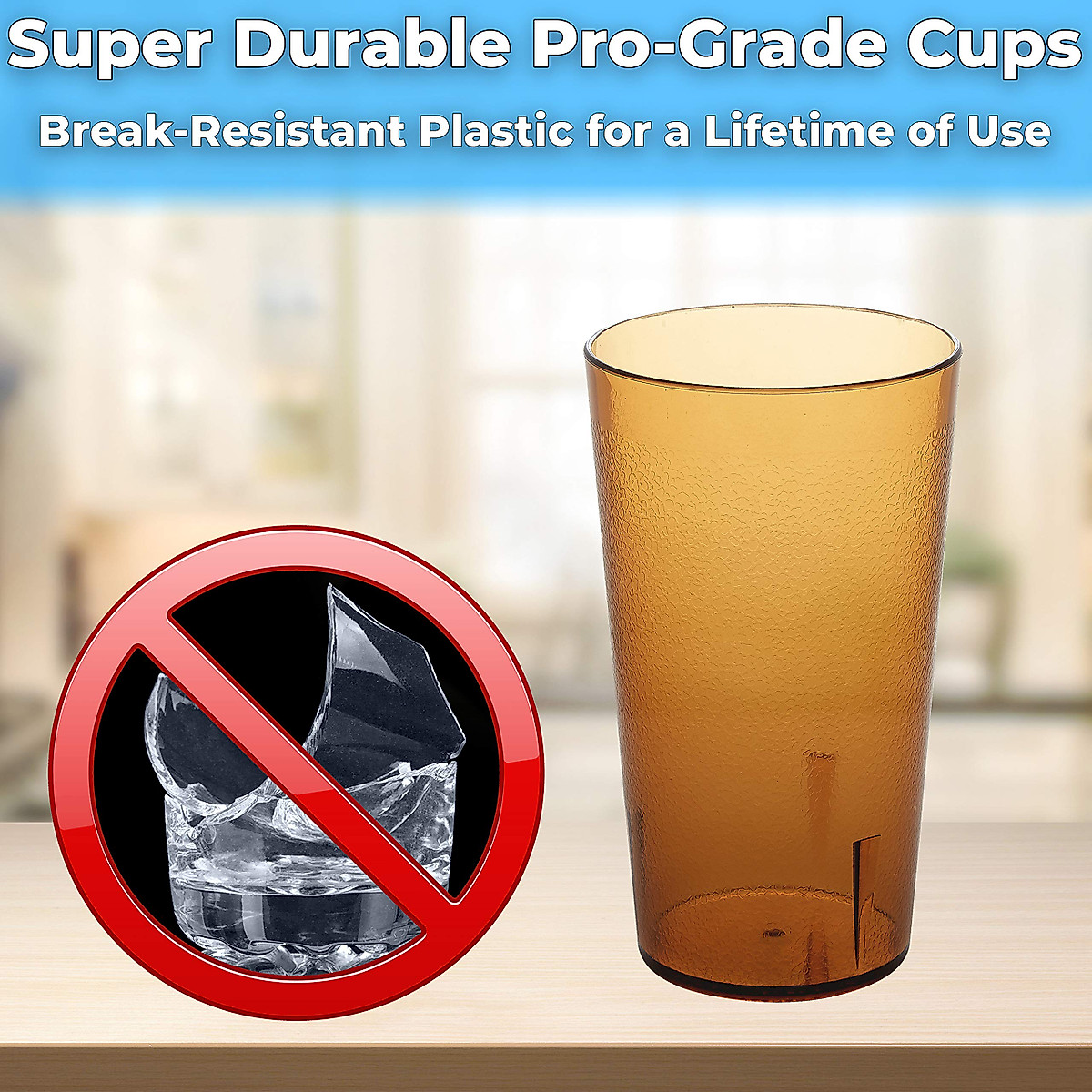 Restaurant Grade, BPA Free 12oz Amber Plastic Cup 24 pk. Break Resistant Drinking Glasses Are Reusable, Stackable and Shatterproof. Best Drink Tumblers for Cafe, Party and Catering Supplies