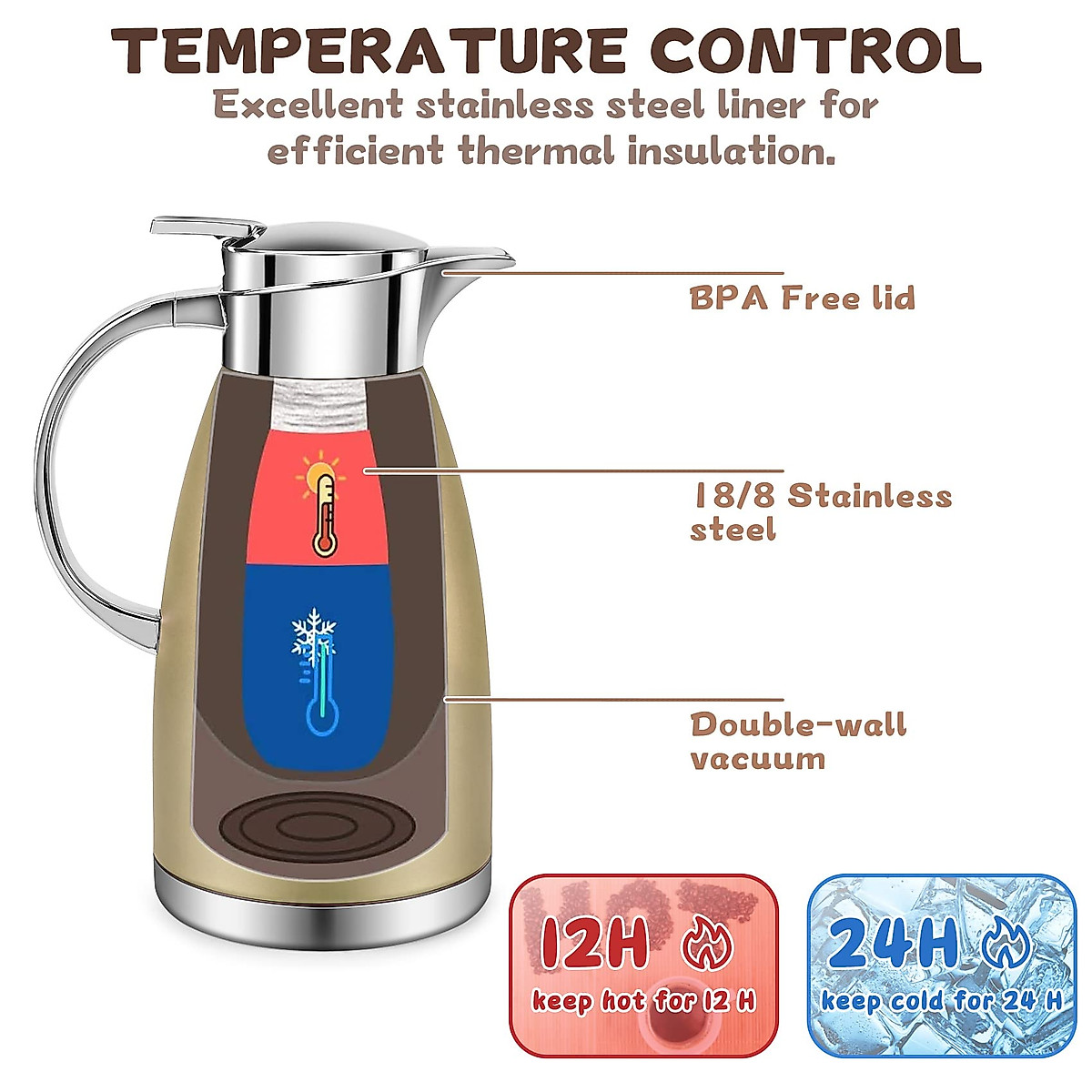 61oz Coffee Carafe Airpot Insulated Coffee Thermos Urn Stainless Steel Vacuum Thermal Pot Flask Dispenser for Coffee, Hot Water, Tea, Hot Beverage - Keep 12 Hours Hot, 24 Hours Cold (Gold) …