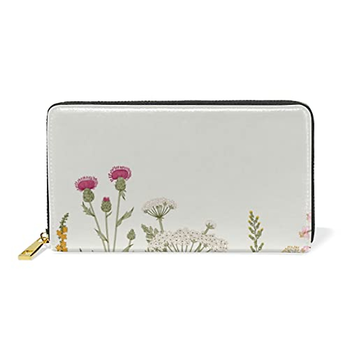 Seamless Floral Herbs and Wildflowers Botanical Pattern Leather Long Wallet Organizer with Zipper Purse Clutch Bag for Women Men Key Card Coin Passport Checkbook