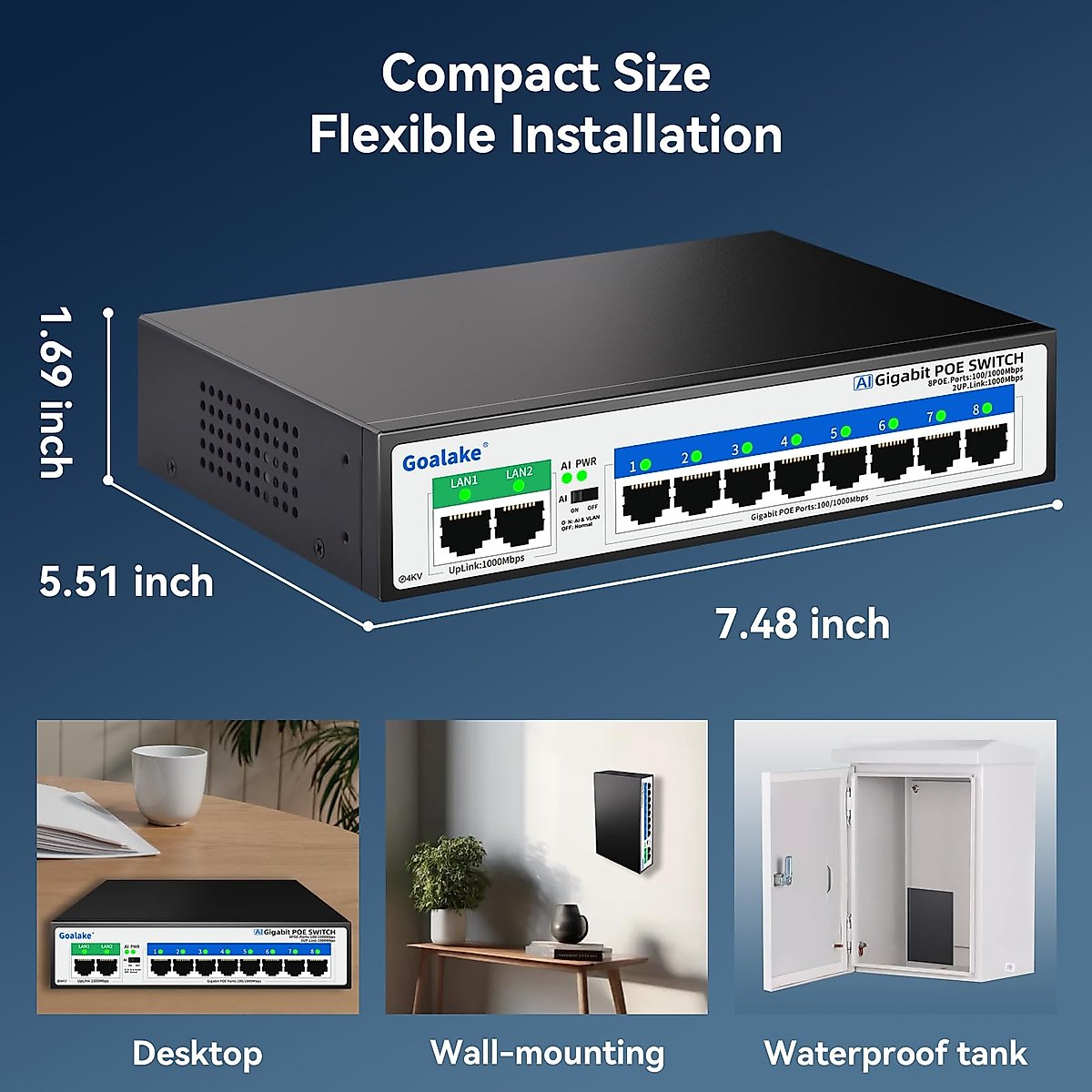 8 Port Gigabit PoE Switch with 2 Gigabit Uplink, Unmanaged 10 Port Gigabit PoE Switch Compatible with IEEE 802.3af/at Devices@120W, AI PoE Auto Recovery&Extend, Vlan, Metal Pluy&Play