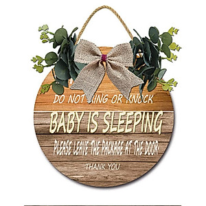 Weytff Baby Sleeping Sign For Front Door Funny Baby Sleeping Hanging Sign Plaque, Do Not Knock Or Ring The Bell, Round Wooden Door Hanger For Baby Room, Nursery, Front Door, Door Knob Decor 11X11"