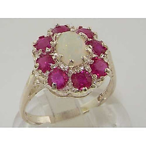 LetsBuyGold 925 Sterling Silver Real Genuine Opal and Ruby Womens Cluster Engagement Ring - Size 6