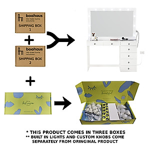 Boahaus Serena LARGE Makeup Vanity with Hollywood Lights Built-in, 7 Drawers, Hollywood Mirror, Hairdryer Hanger, Glass Top, Crystal Knobs, White Vanity Makeup Desk for Bedroom, 58'' Hx47''Wx17''D