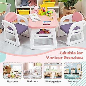 Costzon Kids Table and Chair Set, 3-Piece Plastic Activity Table with Building Blocks, Storage Shelf for Children Reading, Drawing, Writing, Arts & Crafts, Toddler Table and Chair Set (Pink)